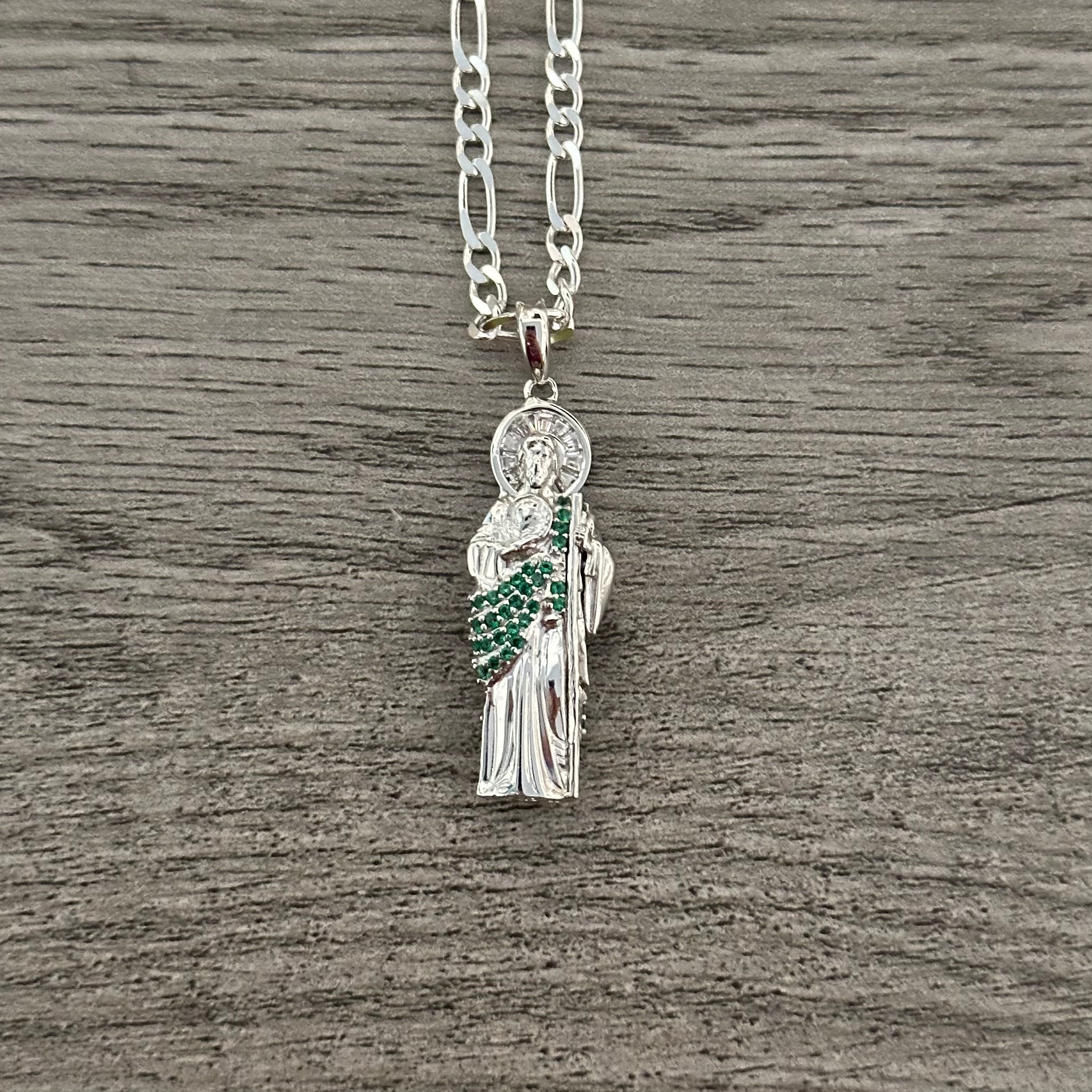 925 Silver San Judas Green 3D Necklace 017 24 Long Small 3cm